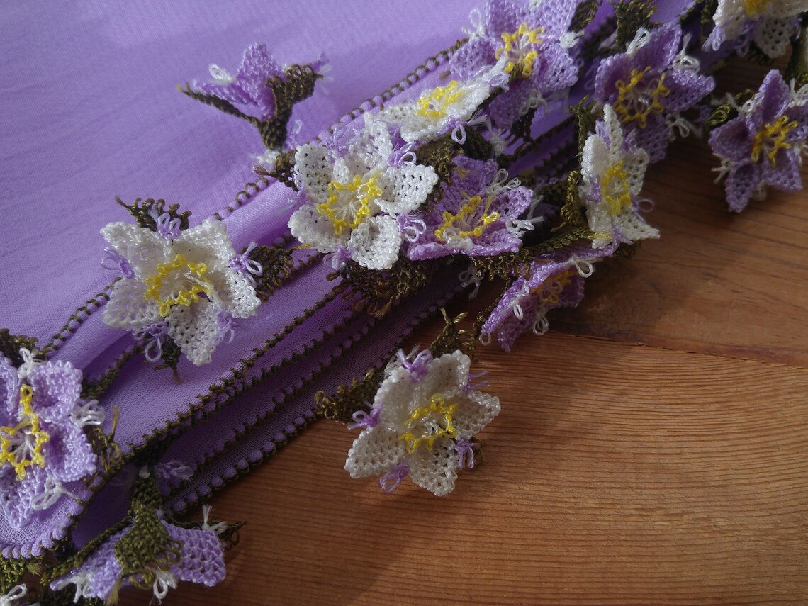 Lilac Crepe Scarf With Needle Lace Flowers - Etsy