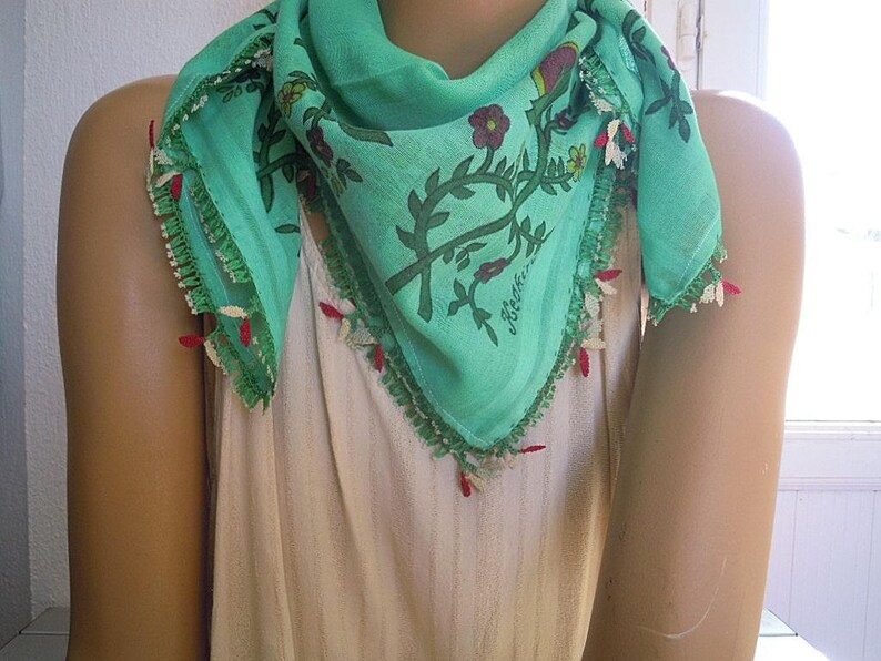 Green vintage turkish scarf with silk needle lace oya trim | Etsy