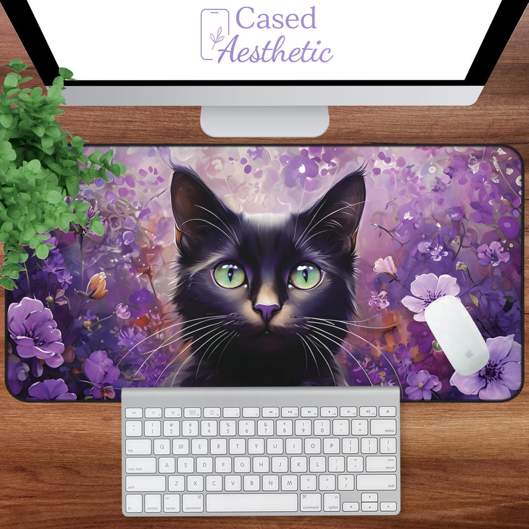 Floral Cat Desk Mat, Cute Black Cat Desk Mat, Desk Organizer, Cat Lover ...
