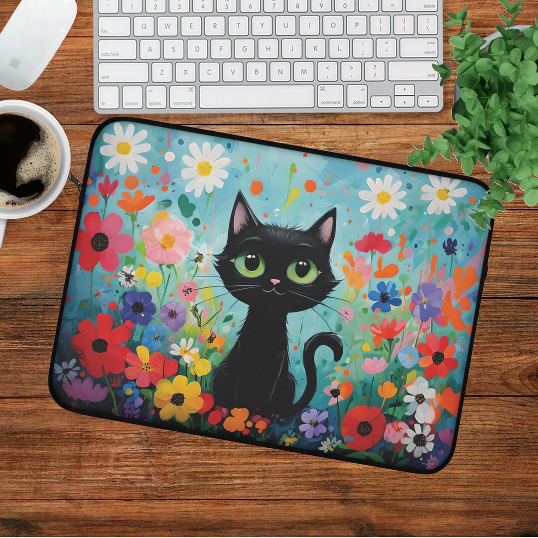 Colorful Cat Laptop Sleeve - Cute Kitty Floral Design, Cat Lover Gift ...