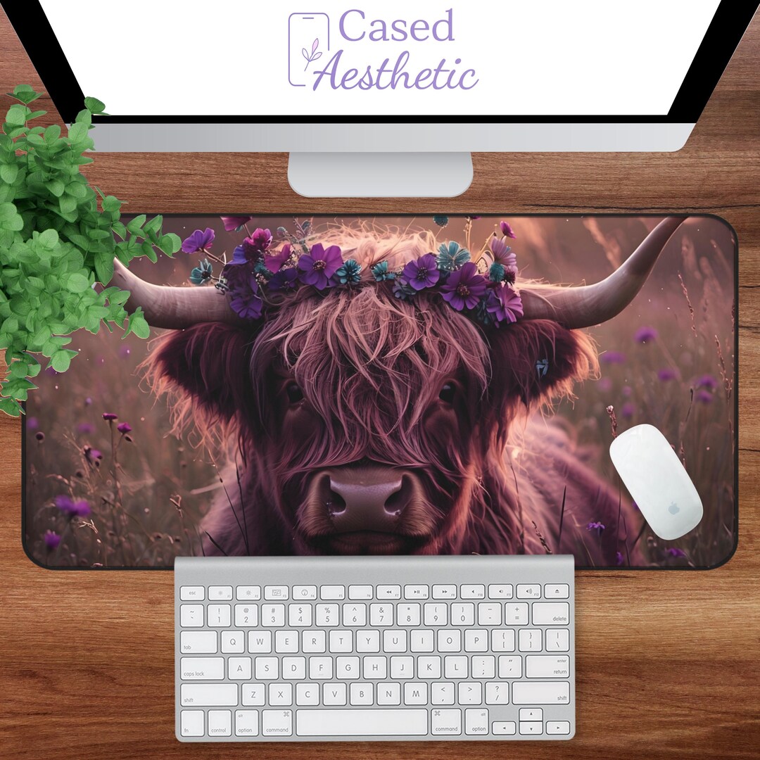 Floral Highland Cow Desk Mat, Desk Organizer, Playmat, Deskmat ...