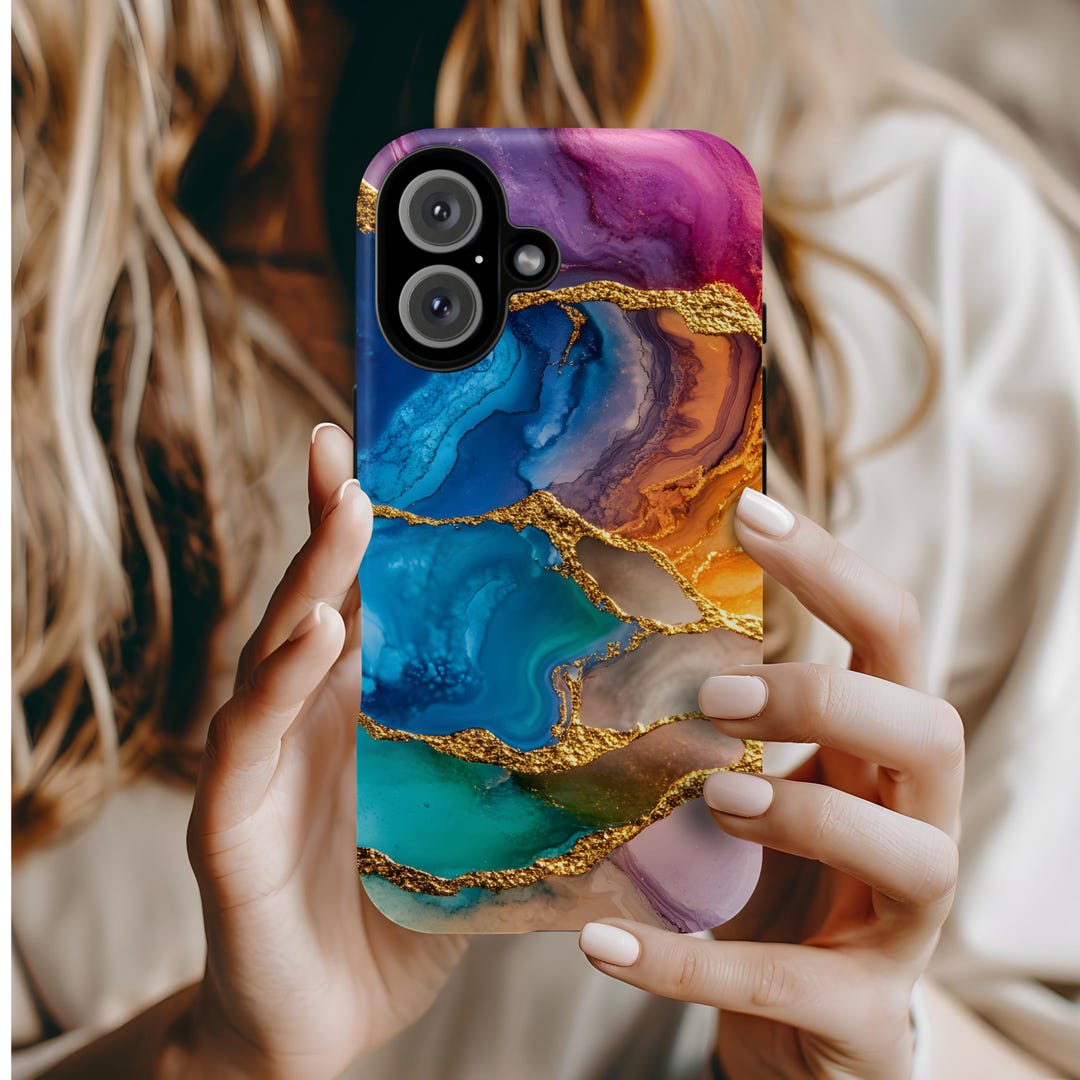 Colorful Geode Phone Case, Cute Aesthetic Phone, Gold Lining, iPhone 16 ...