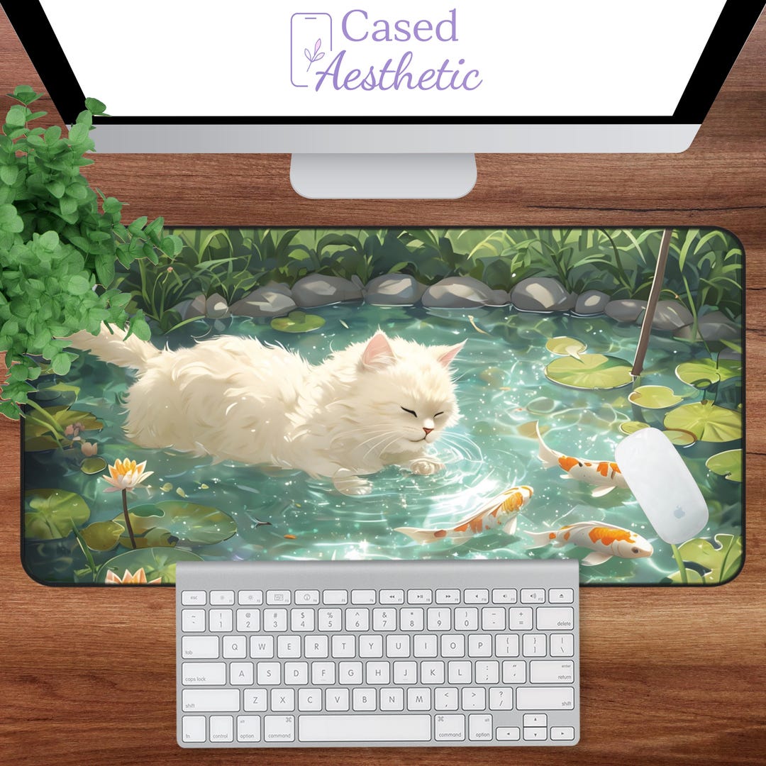 Whimsical Cat & Koi Pond Desk Mat - Perfect for Cat Lovers, Desk ...