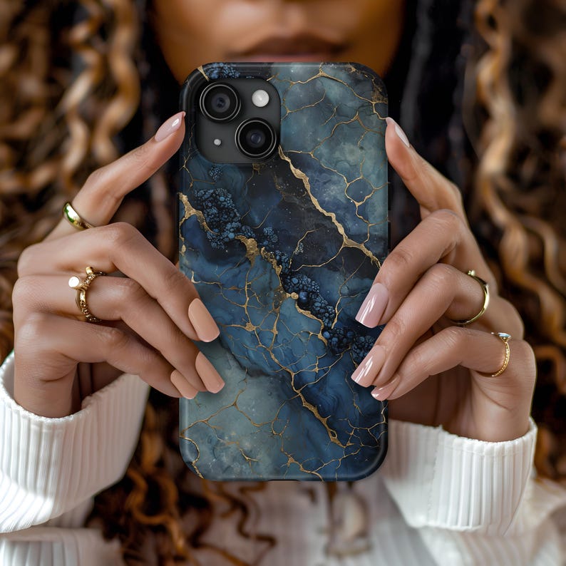 Blue Marble Phone Case, Gold Foil Geode, Cute Aesthetic, iPhone 16 15 ...