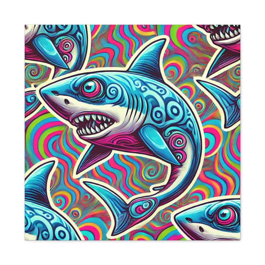 Colorful Funky Shark Art Canvas Print, Vibrant Wall Decor, Ocean Themed ...