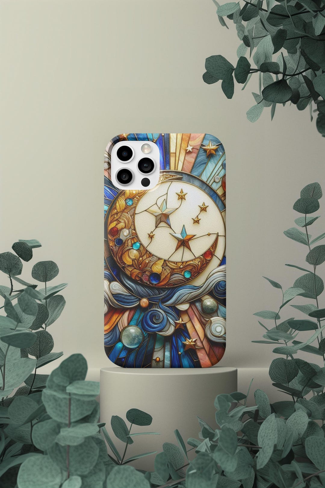 Starry Night Sky Stained Glass Phone Case, Celestial Stained Glass Moon & Stars, Aesthetic ...