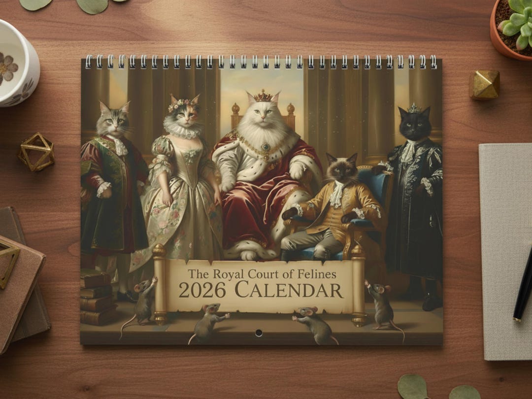Funny Cat Calendar 2026, 12 Month Wall 2026 Calendar, Renaissance Royal ...