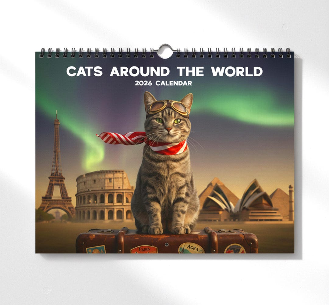 2026 Wall Calendar, Funny Cat Calendar, Traveler Cat Art 12 Month ...