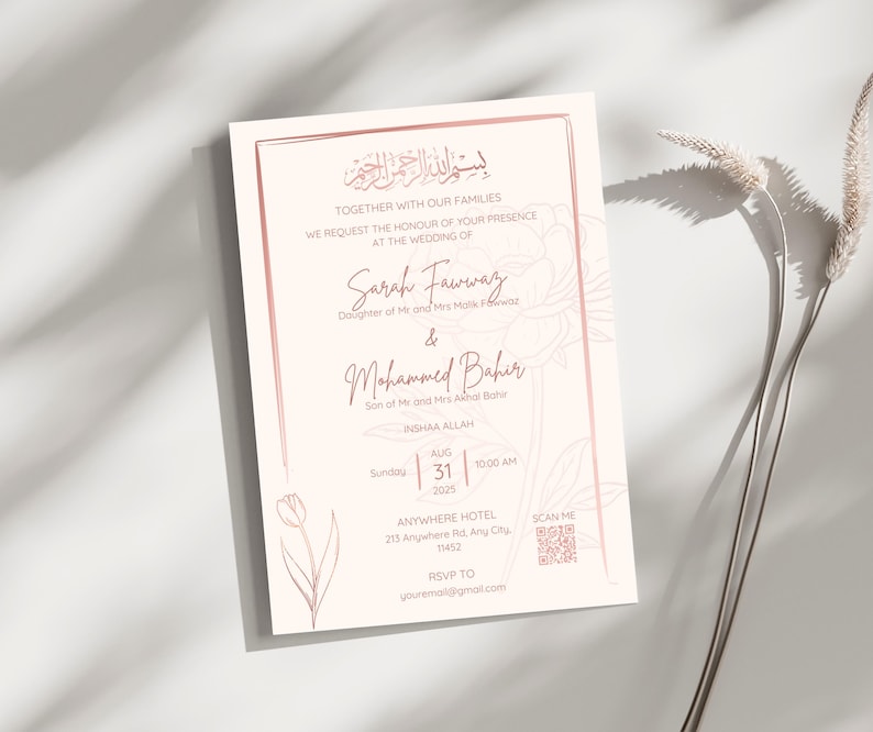 Muslim Wedding Invitation Template, Simple Rose Gold Walima Cards ...