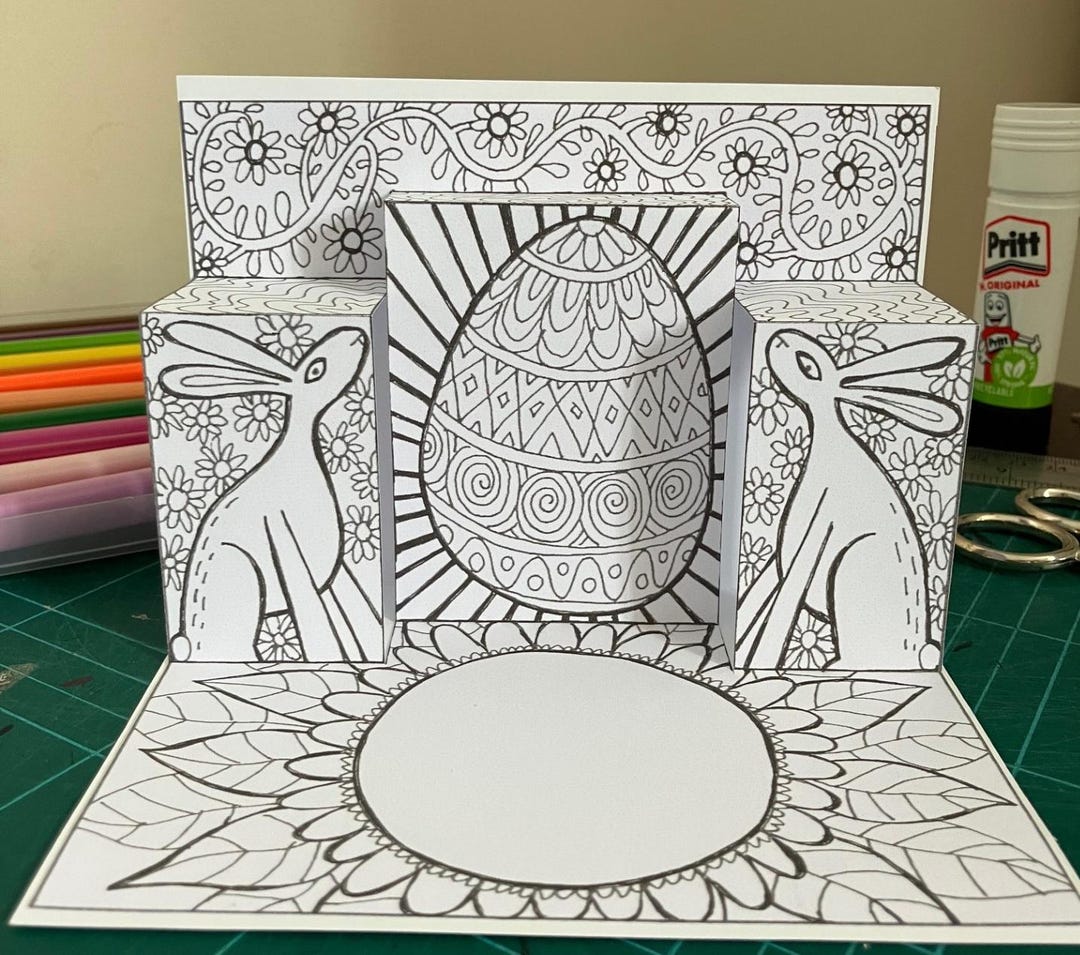 Easter Bunnies and Egg Pop-up Card: DIY Colouring Template (printable ...