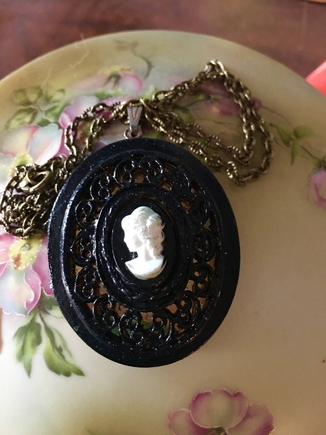 Hand Painted Locket Black Gothic Cameo Locket Vintage Goth Wedding Hand ...