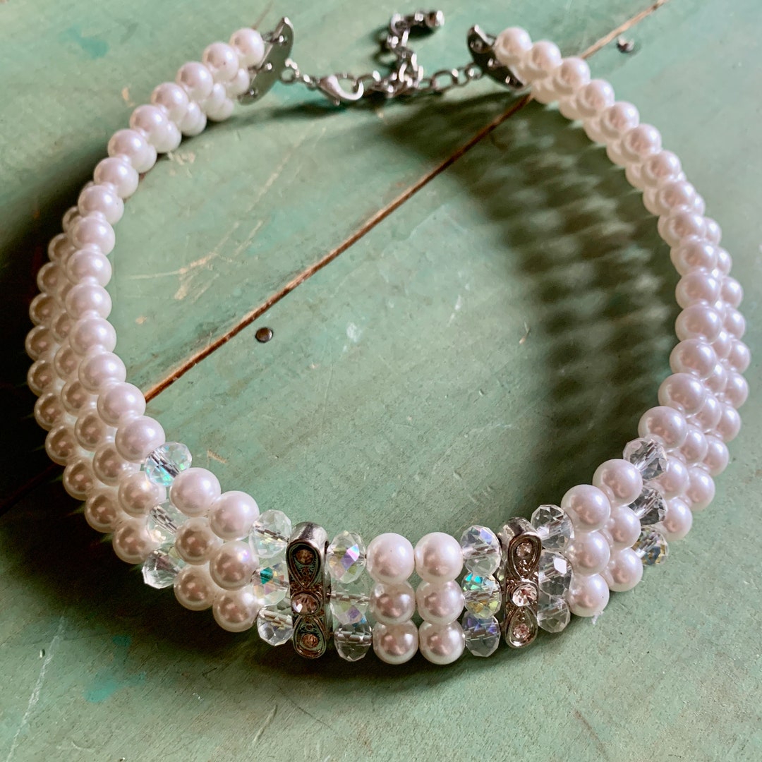 Bridal Pearl & Aurora Borealis Collar Necklace Vintage Bride Pearl ...