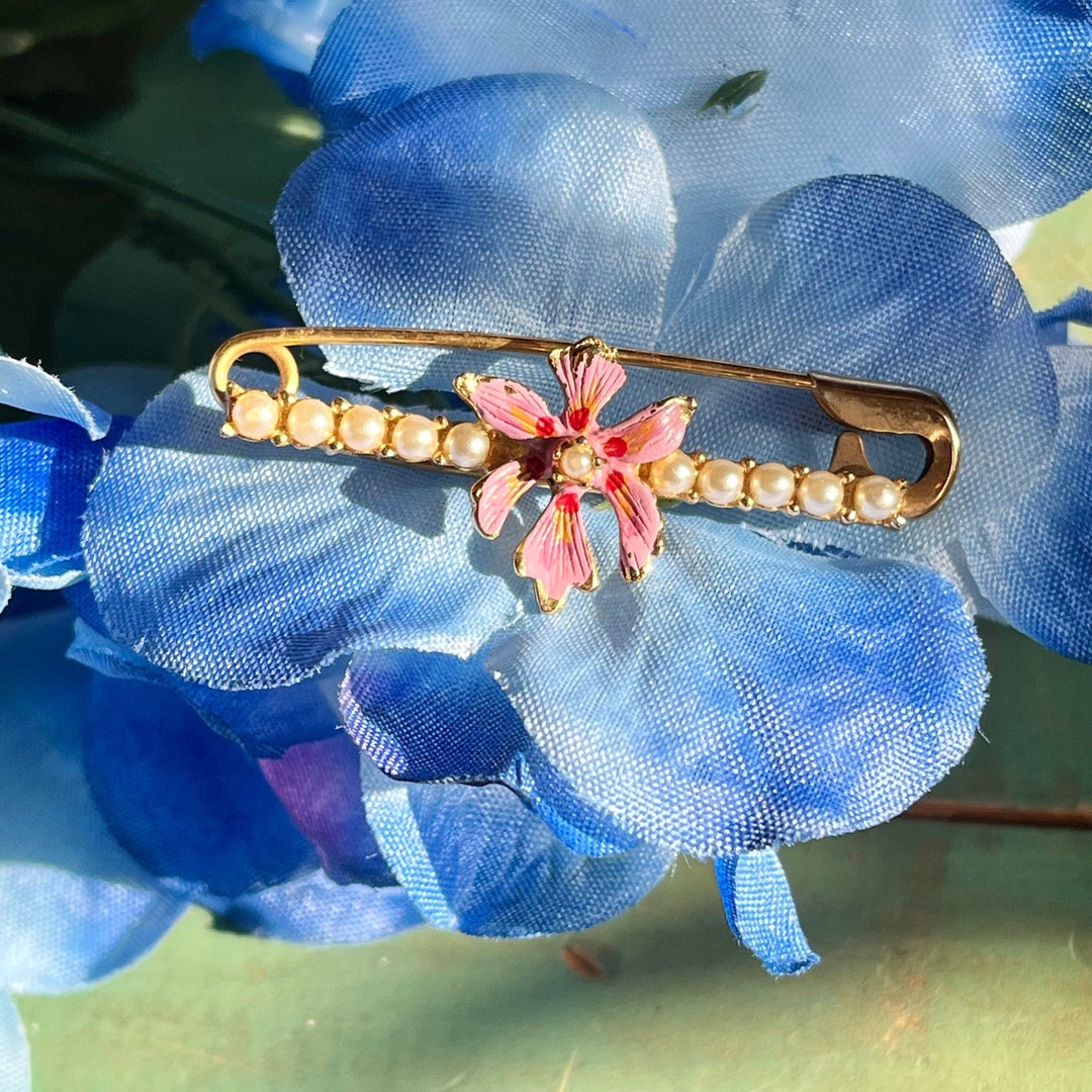 Vint Pink Orchid & Pearl Safety Pin - Gold Tone Safety Pin - Victorian Safety Pin - Shawl and ...