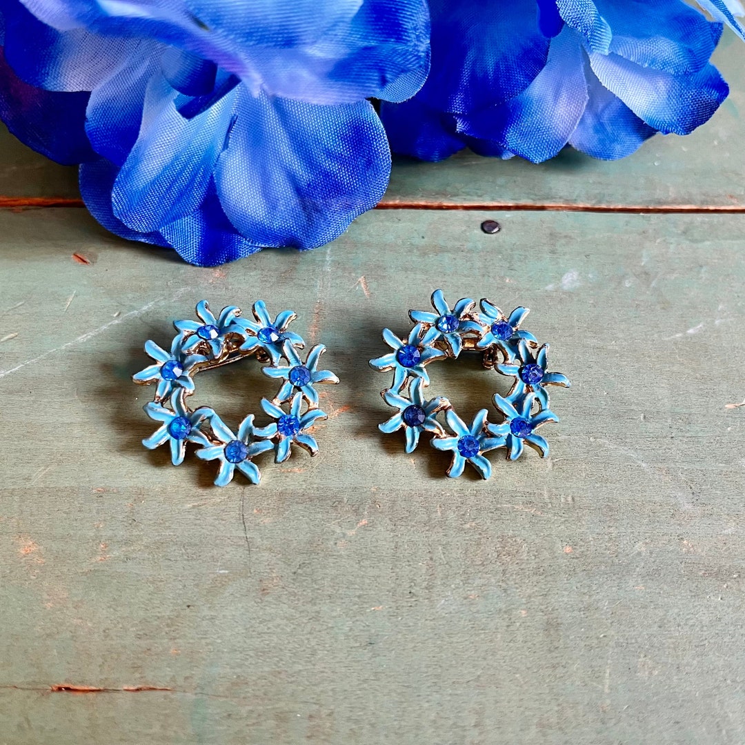 Old Vintage Pins - Blue Rhinestone Flower Lingerie Pins - Blue Enamel ...