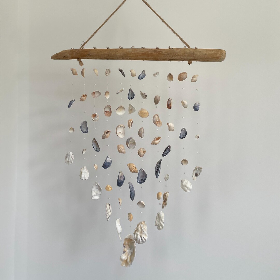 Large Rustic Sea Shell Wind Chime Hanging Mobile ~ Natural Drift Wood ...