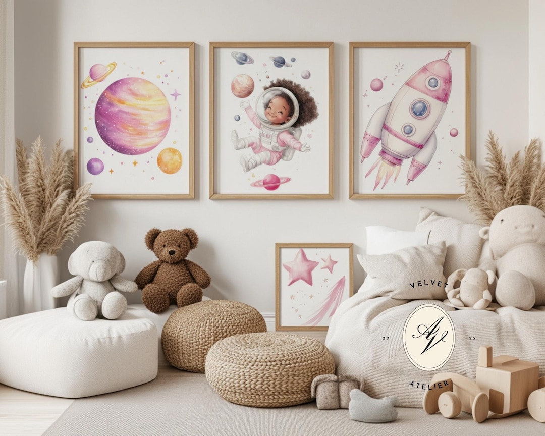 Girly Pink Room Decoration, Set of 5space Nursery Wall Art for Baby ...