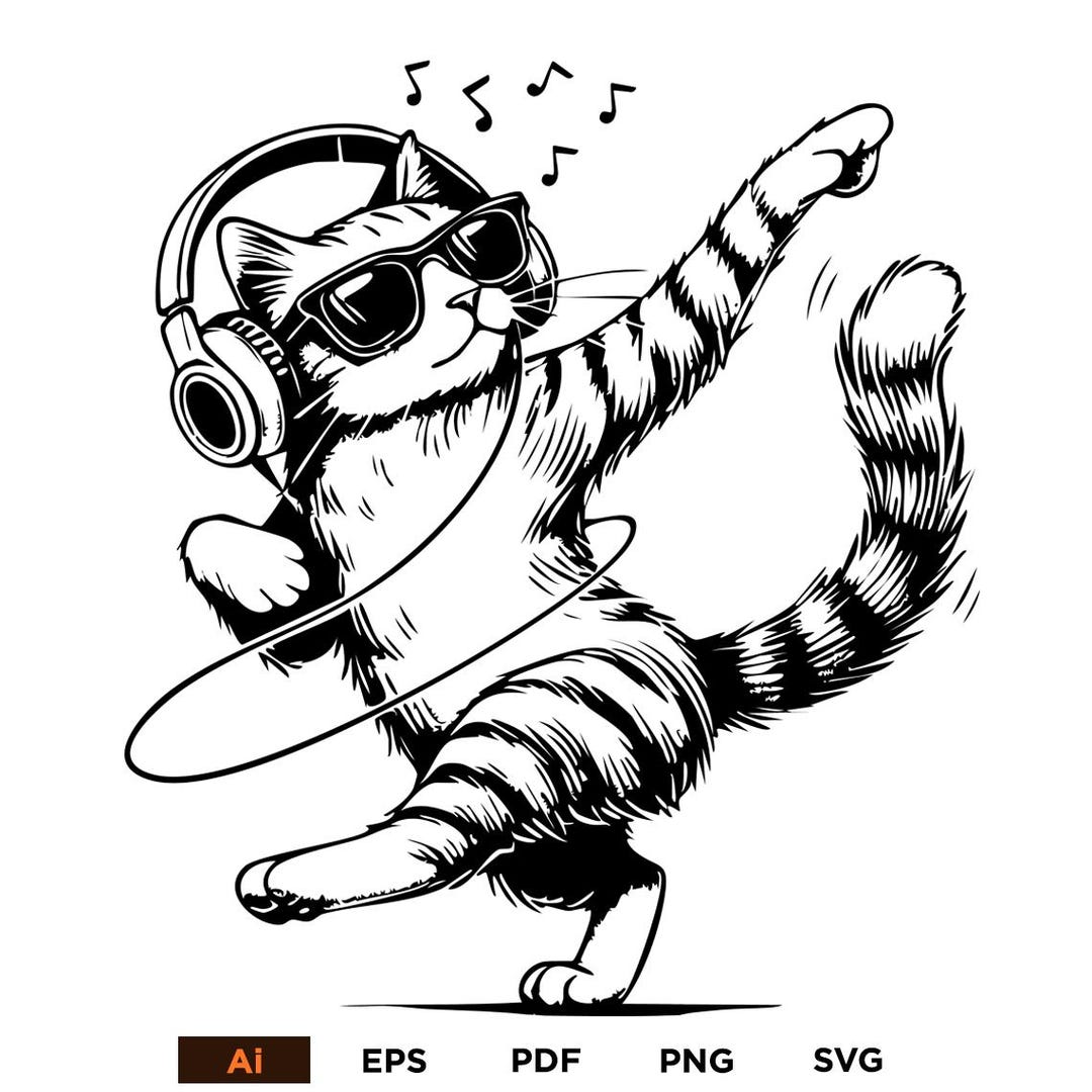 Dancing DJ Cat Vector Art | Funny Retro Cat Clipart | Black & White and ...