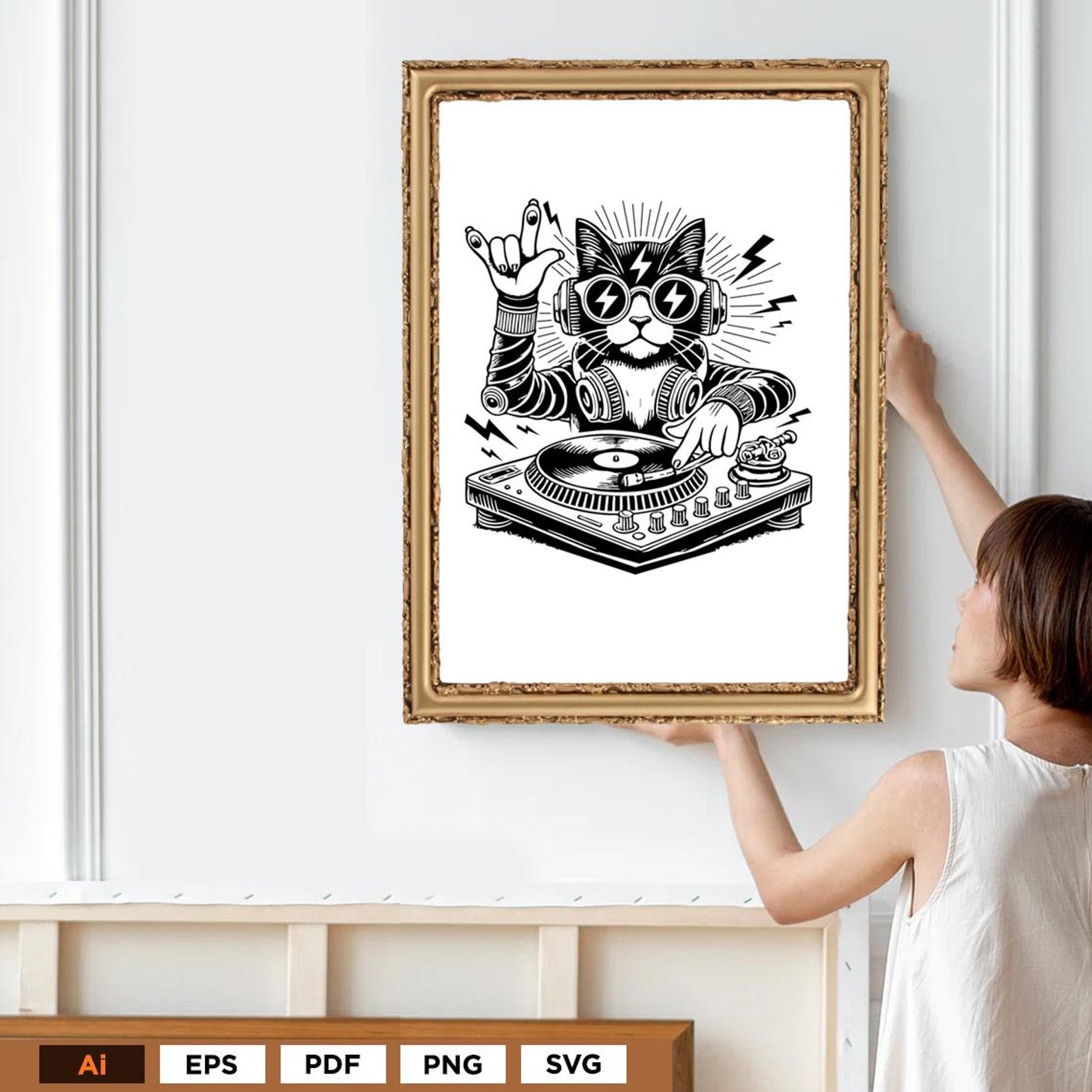 DJ Cat Vector Art | Cool Retro Cat Dj Black & White Design | Hip Hop ...