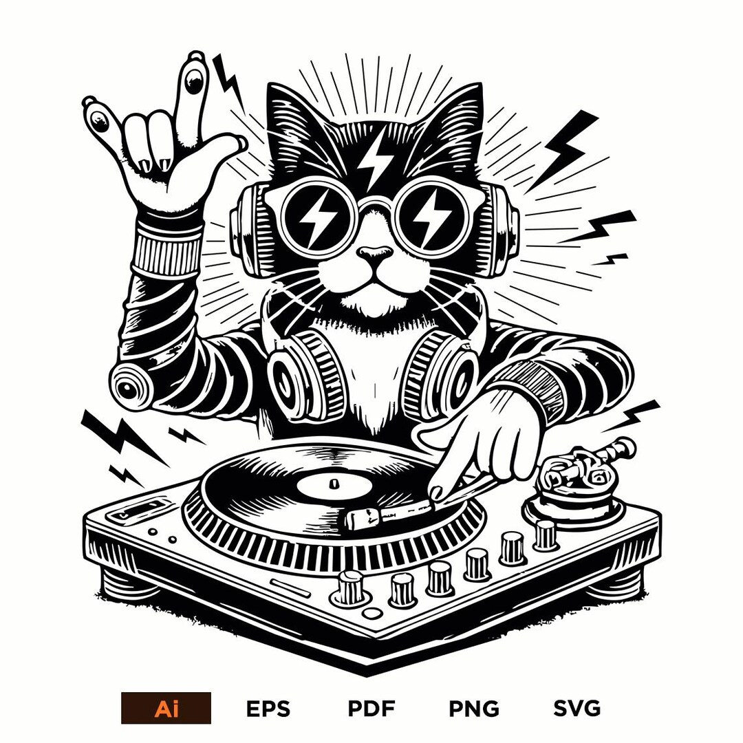 DJ Cat Vector Art | Cool Retro Cat Dj Black & White Design | Hip Hop ...