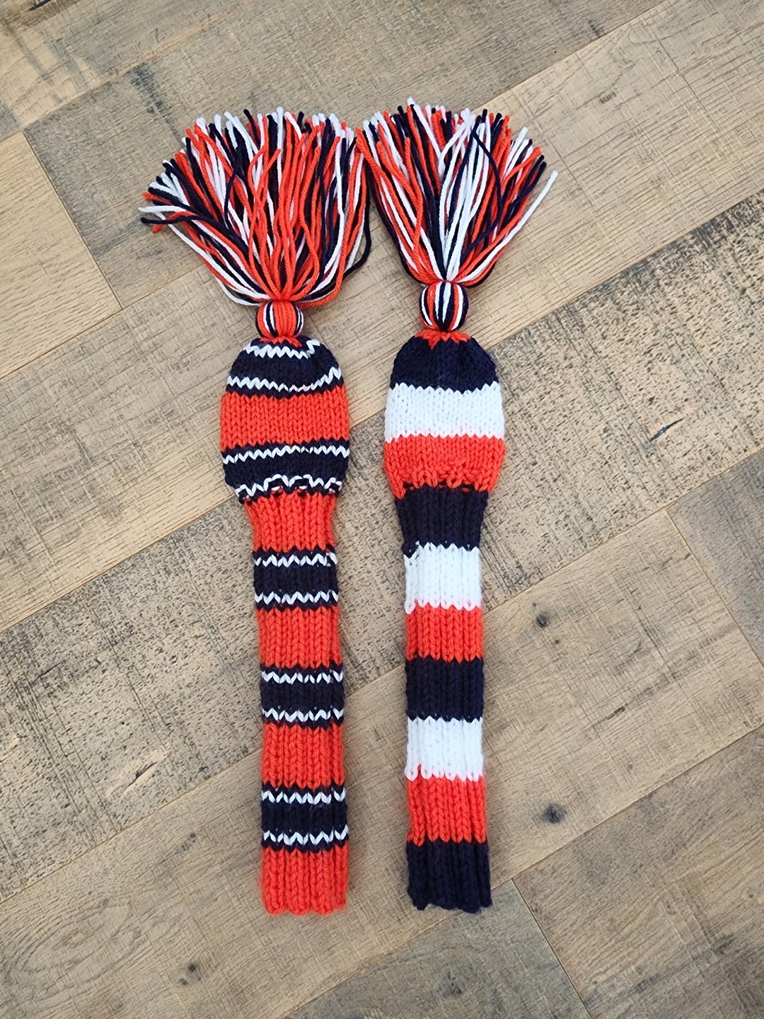 Golf Club Cover Hand Knit Headcovers Navy, Orange & White With Tassels ...