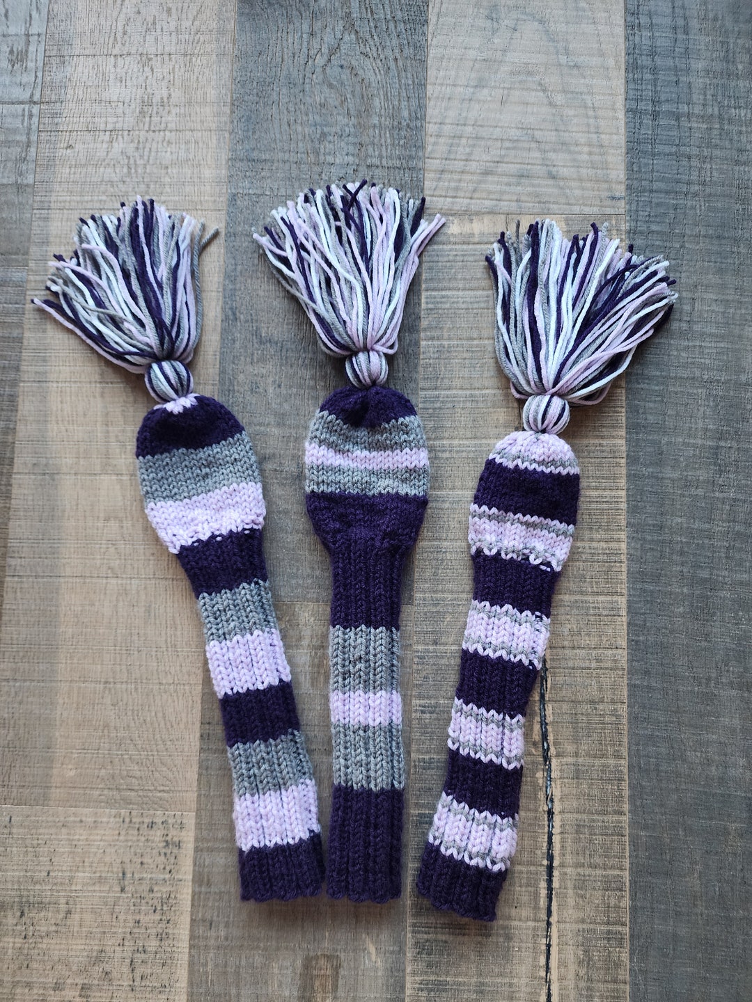 Hand Knit Golf Club Cover: Purple, Gray & White Headcover With Tassels ...