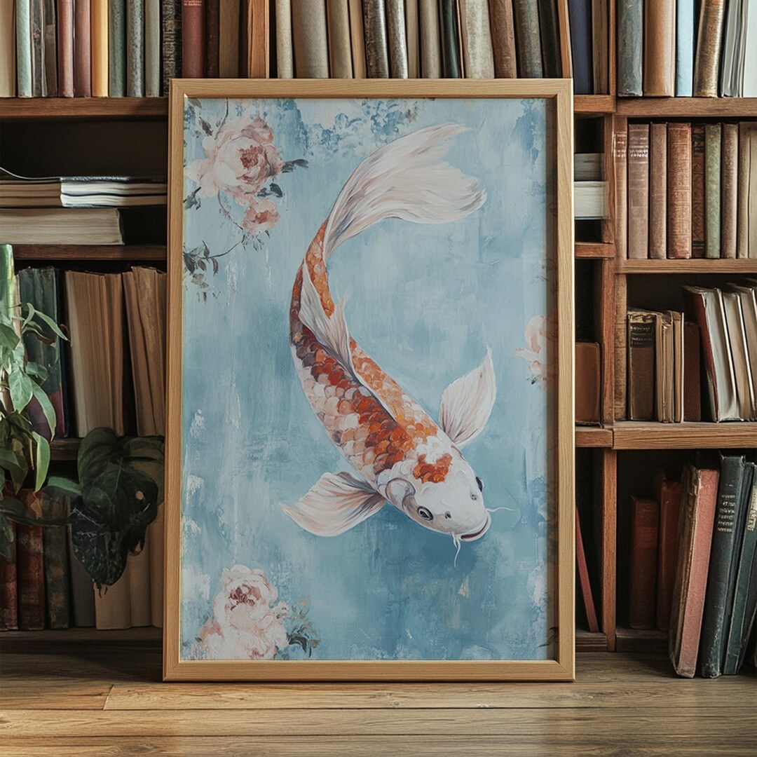 Red Koi Print, Japanese Fish Print, Koi Fish Wall Art, Blue Chinoiserie ...