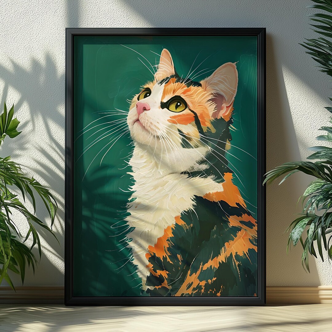 Vintage Calico Cat Poster | Emerald Green Cat Wall Art | Boho Cat Wall ...