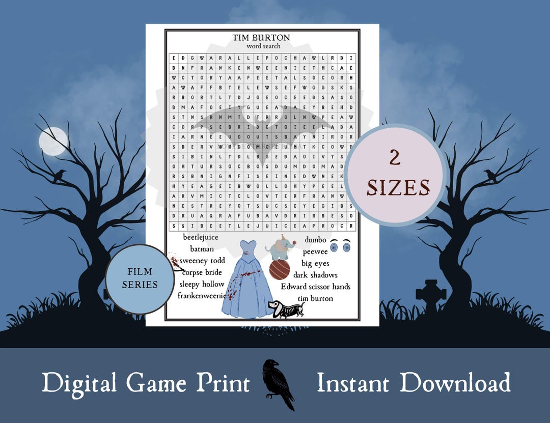 TIM BURTON Word Search Puzzle, Film Series, Word Hunt Game, Party ...