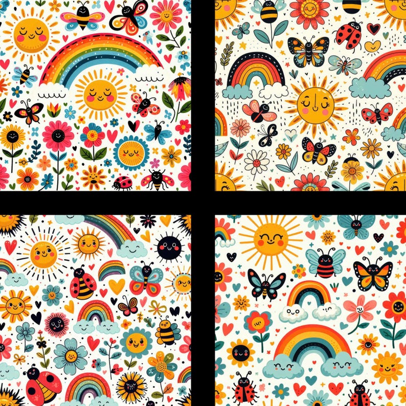 Rainbow Sun Seamless Pattern | Kids Floral Digital Paper | Bee ...