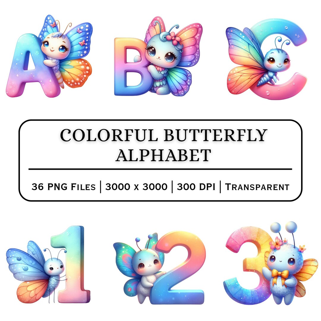 Colorful Butterfly Alphabet A–Z & Numbers 0–9 | Bright Butterfly Letter ...