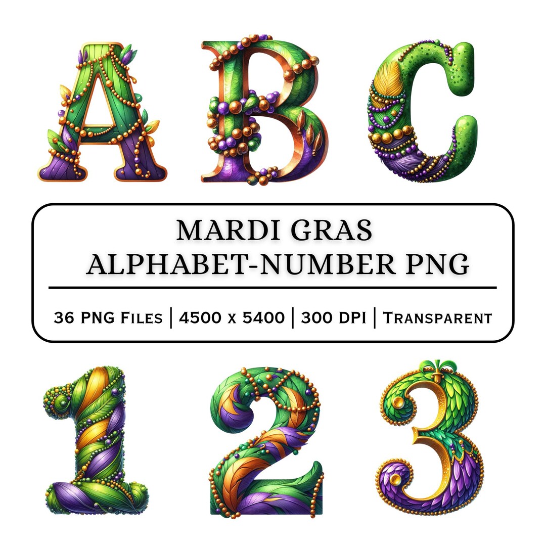 Mardi Gras Ornamental Alphabet & Numbers PNG A–Z 0–9 | Carnival Style ...