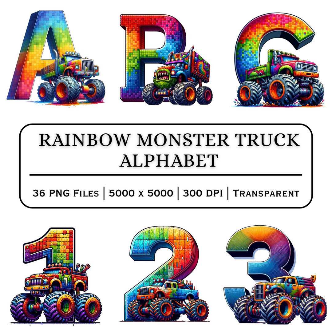 Rainbow Monster Truck Alphabet & Numbers A–Z | Fun Monster Letter Set ...
