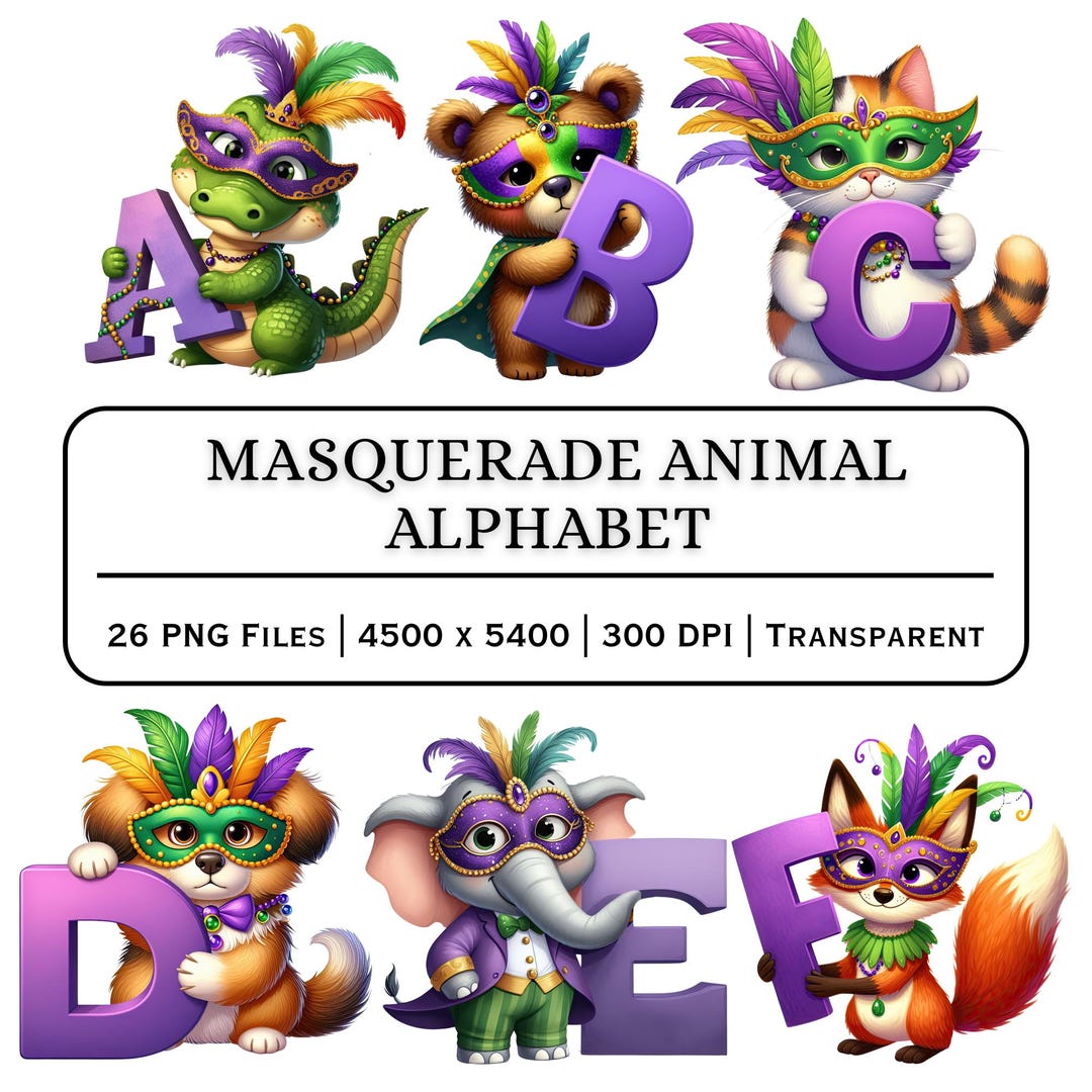 Masquerade Animal Alphabet PNG A–Z | Carnival Fantasy Animal Letters ...
