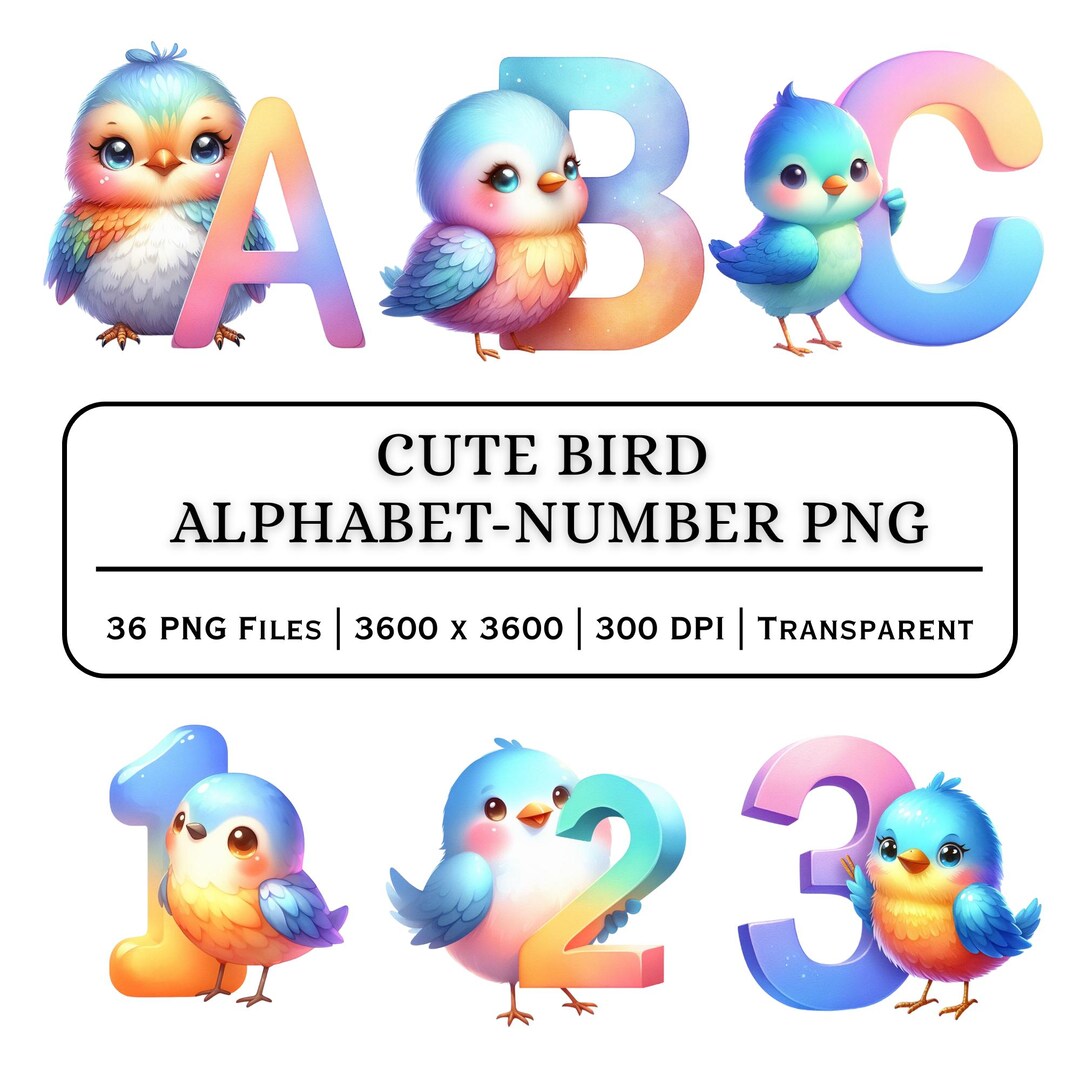 Pastel Bird Alphabet and Numbers PNG A–Z 0–9 | Nursery Letters for Kids ...