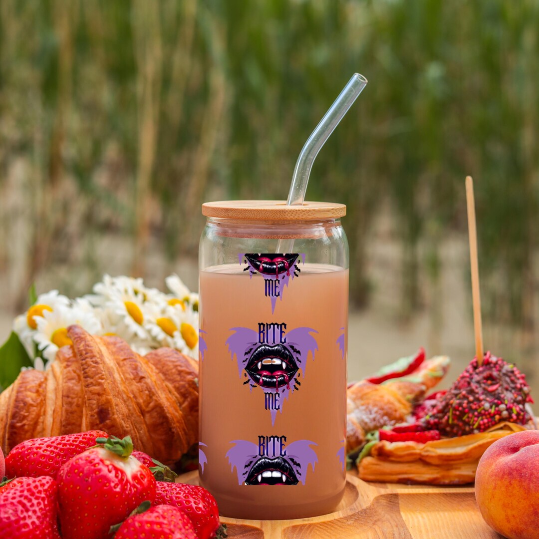 Vampire Lips Glass Can Tumbler: Gothic Iced Coffee Cup With Lid & Straw ...