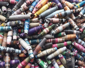 100 Assorted Paper Beads Made From Vintage Paper, Hand Rolled, Bulk ...