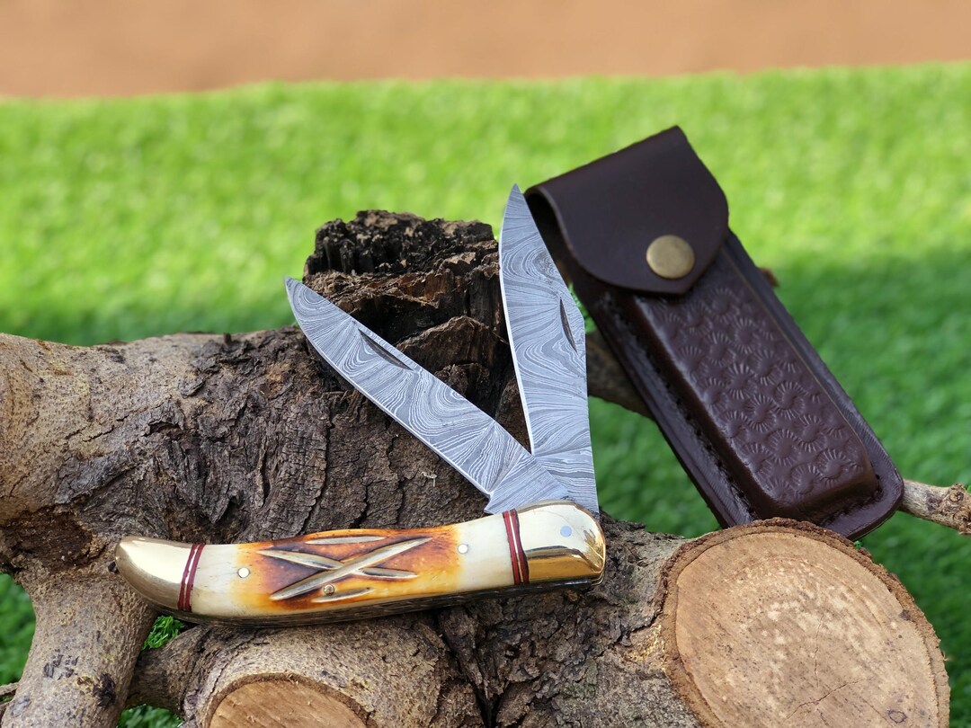 Double Blade Folding Knife Handmade Damascus Steel Folding Natural ...