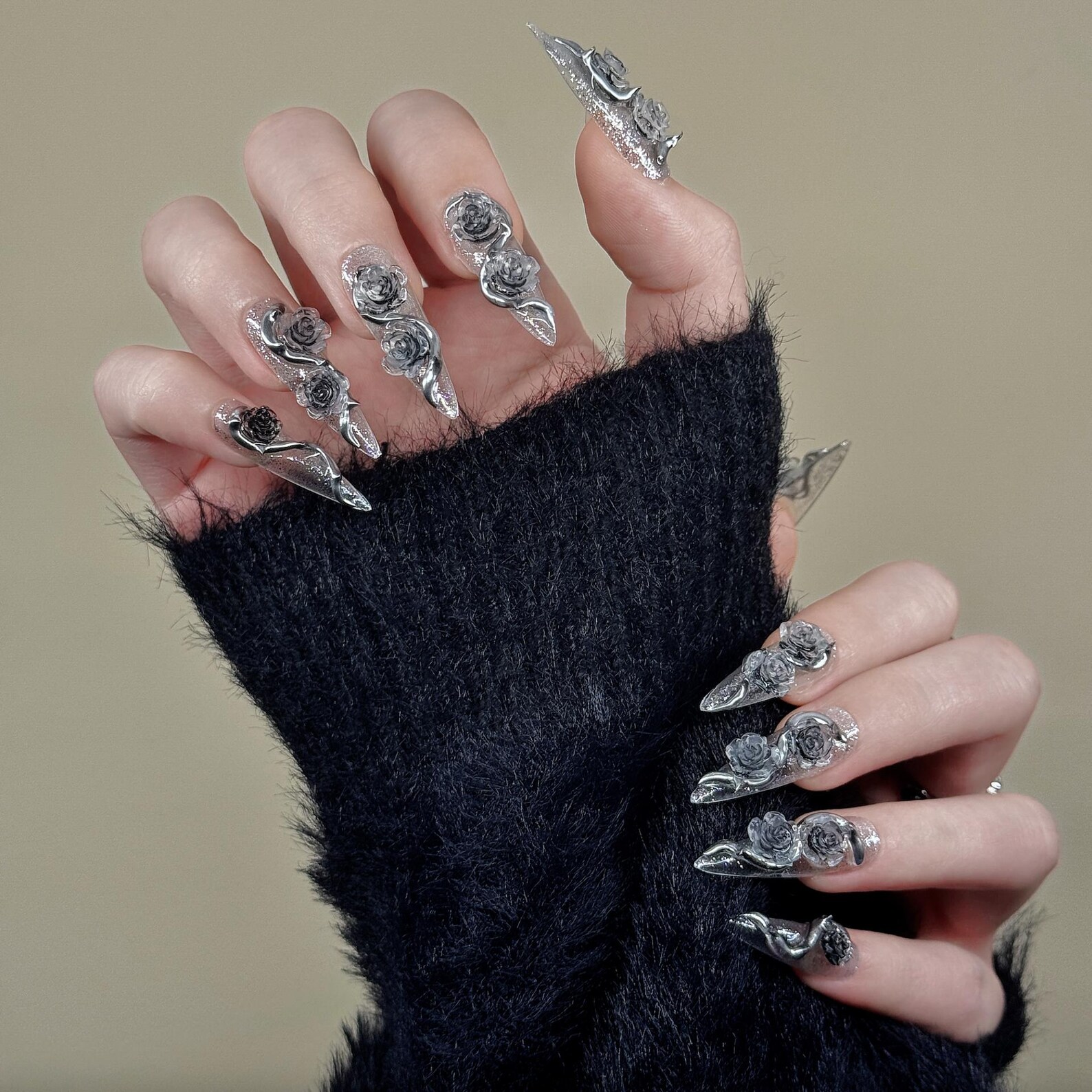 Black 3D Transparent Rose Nails,bling Nails,elegant Black Rose Nails,3d ...