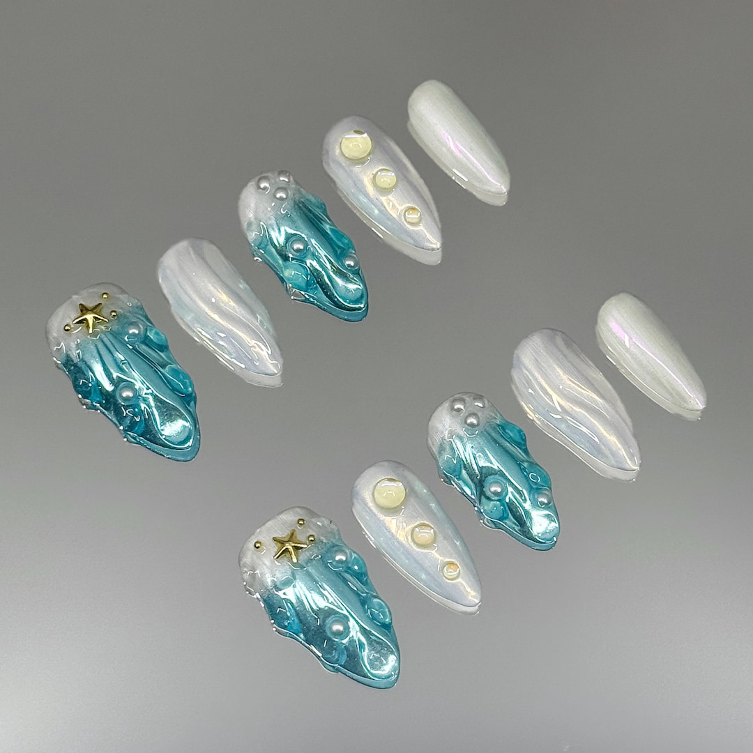 Ocean Wave Press on Nails,3d Beach Nails,cute Pearl Fake Nails,handmade ...
