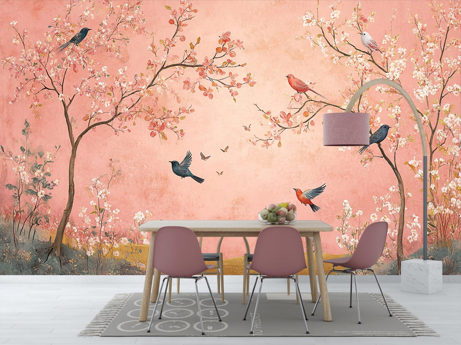 Cherry Blossom Bird Mural Wallpaper I Pink Chinoiserie Pell and Stick ...