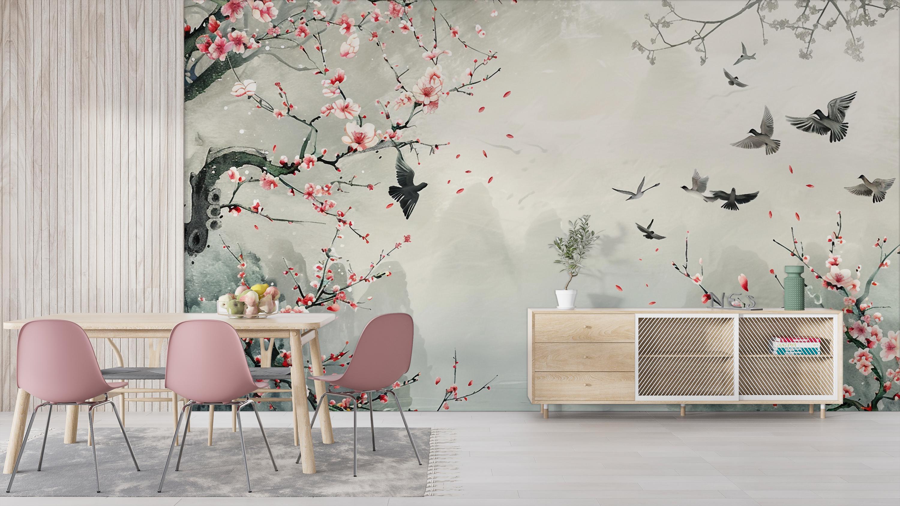 Cherry Blossom & Birds Wallpaper I Asian Zen Aesthetic Decor I Peach ...