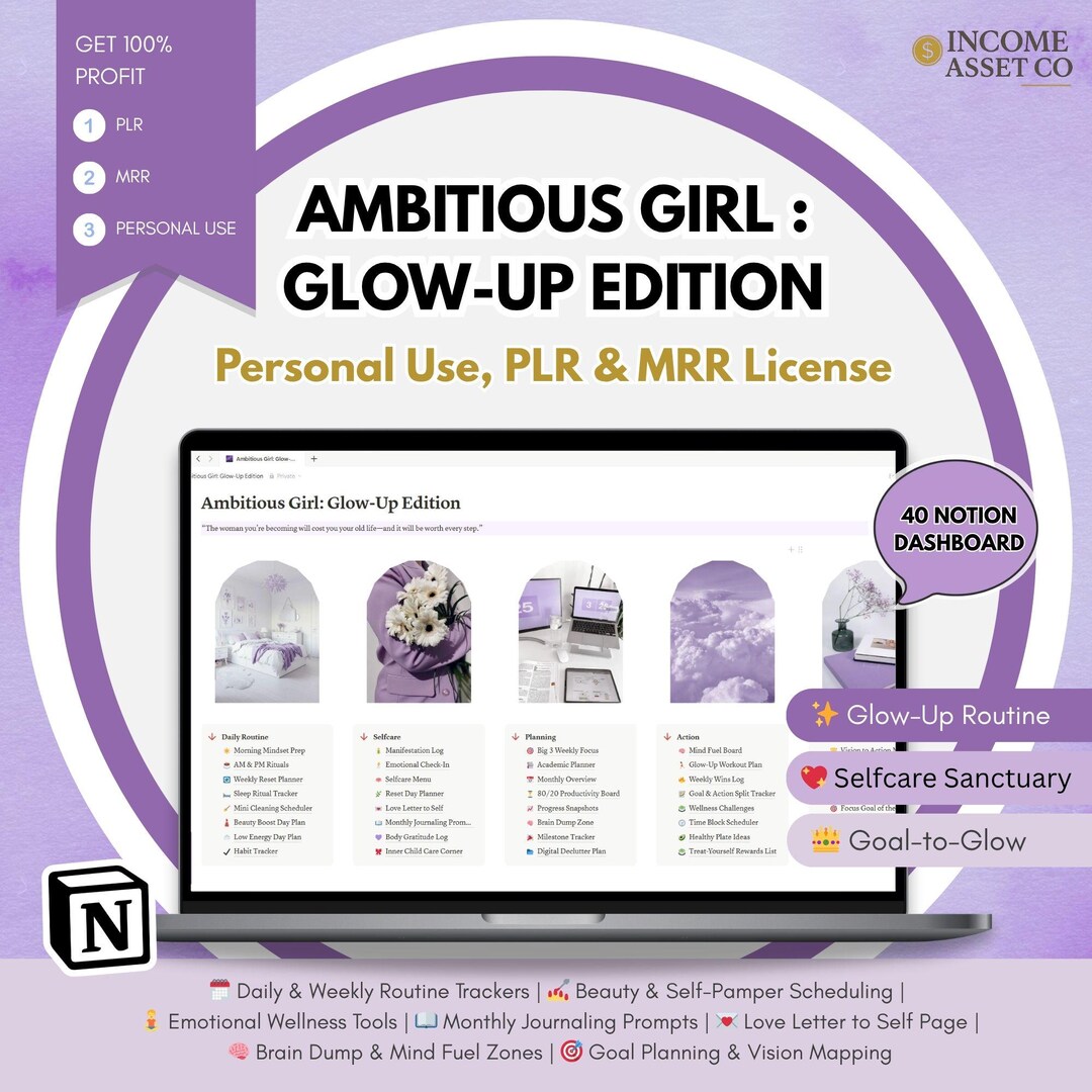 Glow-up Notion Planner: Self-care, Goals, Routines - PLR/MRR License ...