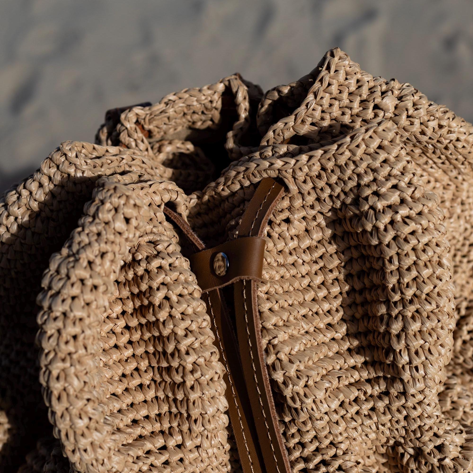 Handmade Raffia Backpack: Woven Boho Beach Bag With Leather Drawstring ...
