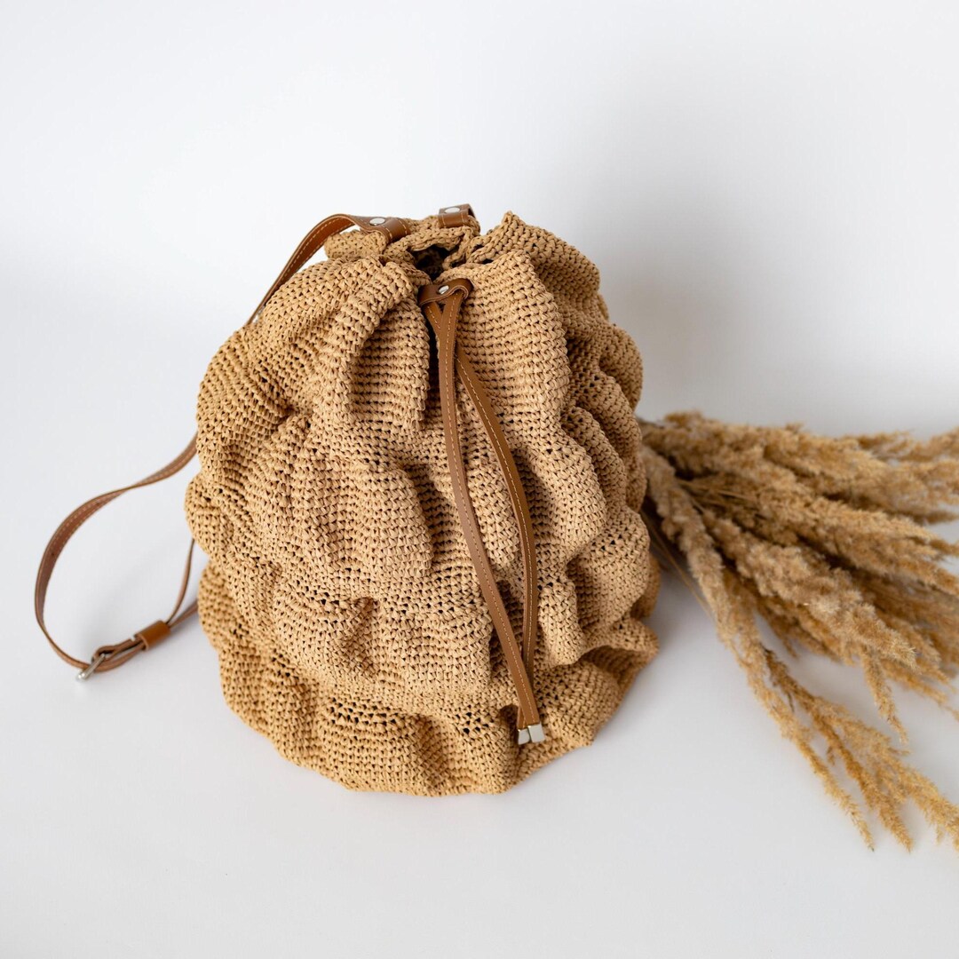 Handmade Raffia Backpack: Woven Boho Beach Bag With Leather Drawstring ...