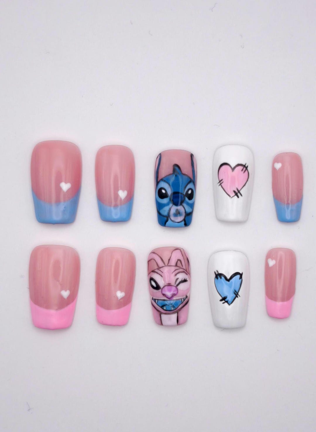 Lilo & Stitch Press on Nails Set – Cute Pink Blue Handmade Nails With ...