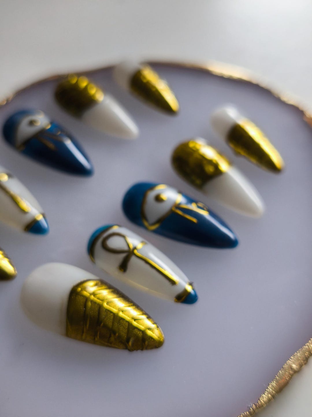 Egyptian Inspired Press on Nails Gold and Blue Coffin Nails Ankh Design ...