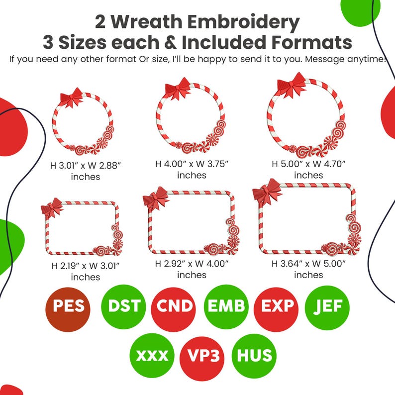 Candy Cane Wreath Embroidery Design Set | Round & Rectangular Christmas Frame, Peppermint Bow ...
