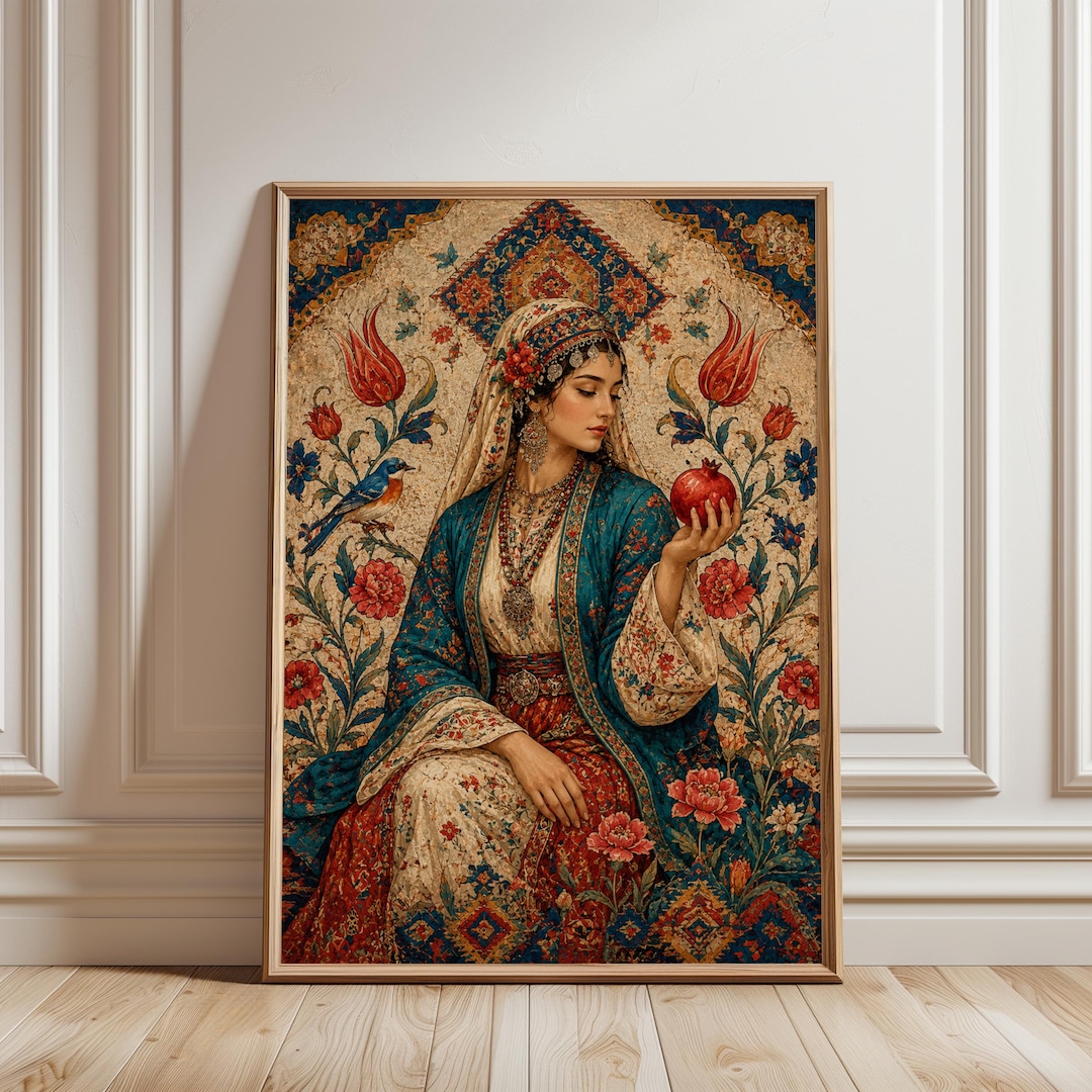 Turkish Wall Art, Anatolian Woman Portrait, Pomegranate Floral Print ...