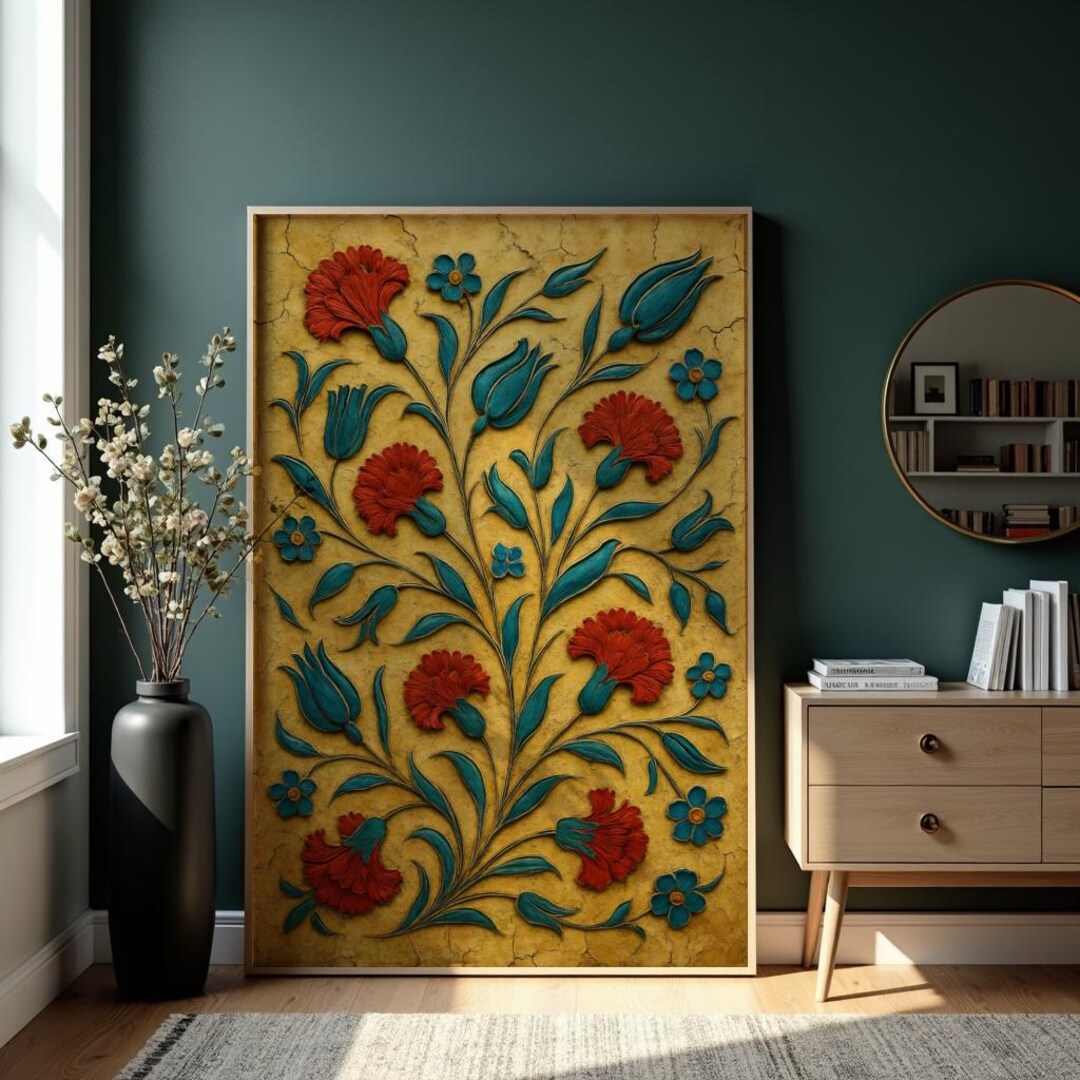 Iznik Tile Ottoman Wall Art, Turkish Floral Relief Design, Digital ...