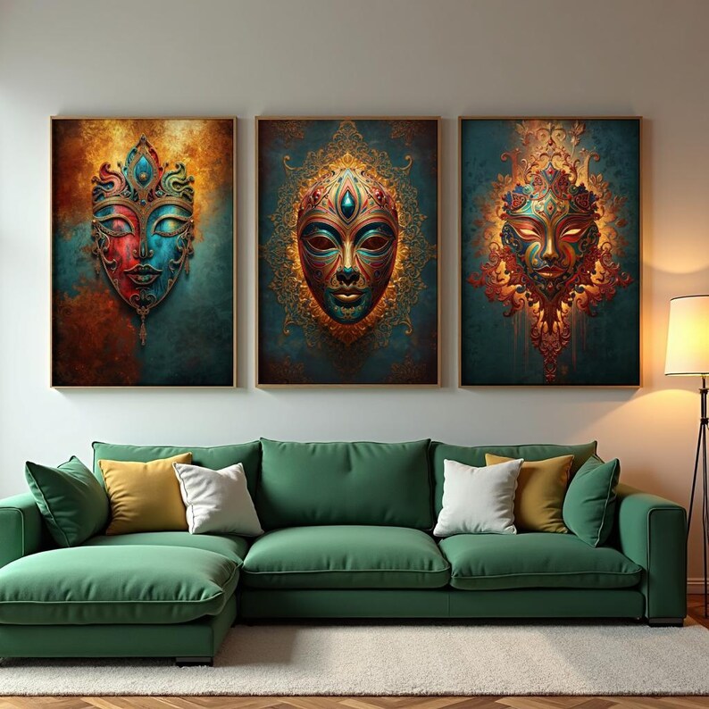 Mask Wall Art Set, Ornate Face Triptych, Printable Download - Etsy